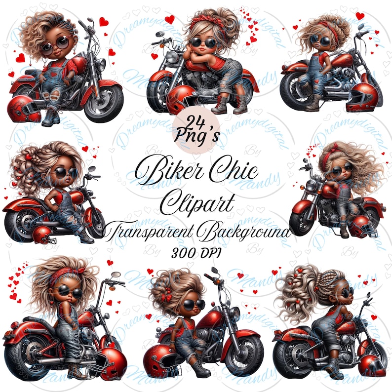 24 Biker Chic Clipart, Whimsical Chibi Style Afro American Toddler, Red ...
