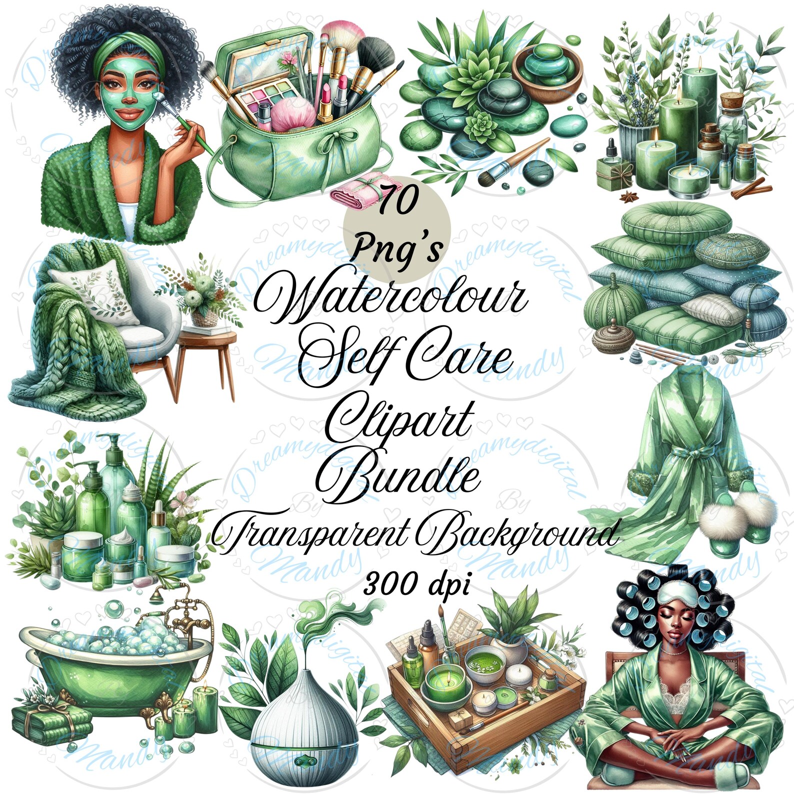 70 Watercolour Self Care Clipart Bundle, Self Care Green Clipart, High ...