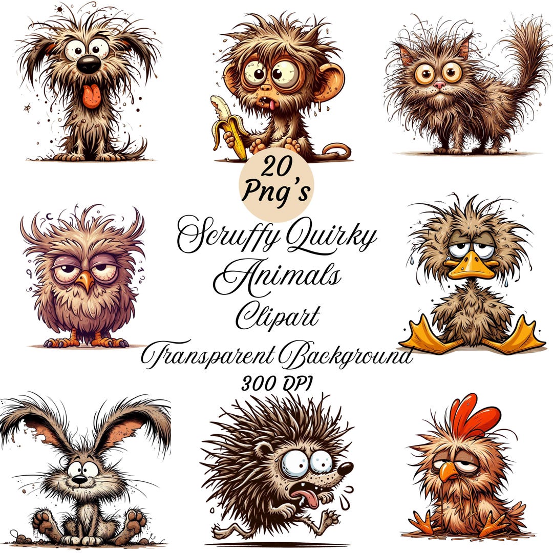 20 Scruffy Quirky Animals Clipart , High Resolution PNG Files, Instant ...
