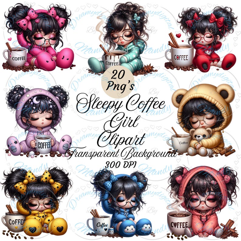20 Sleepy Coffee Girl Clipart | Coffee Lover PNG Files | Digital Coffee ...