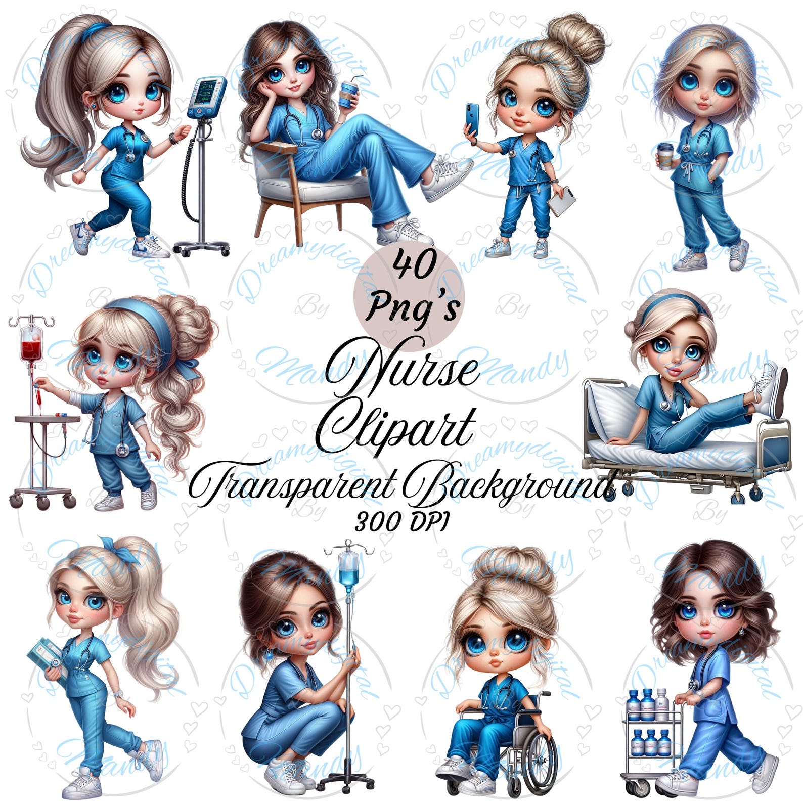 40 Nurse Clipart Set, Blonde & Brunette Nurses, Blue Scrubs ...