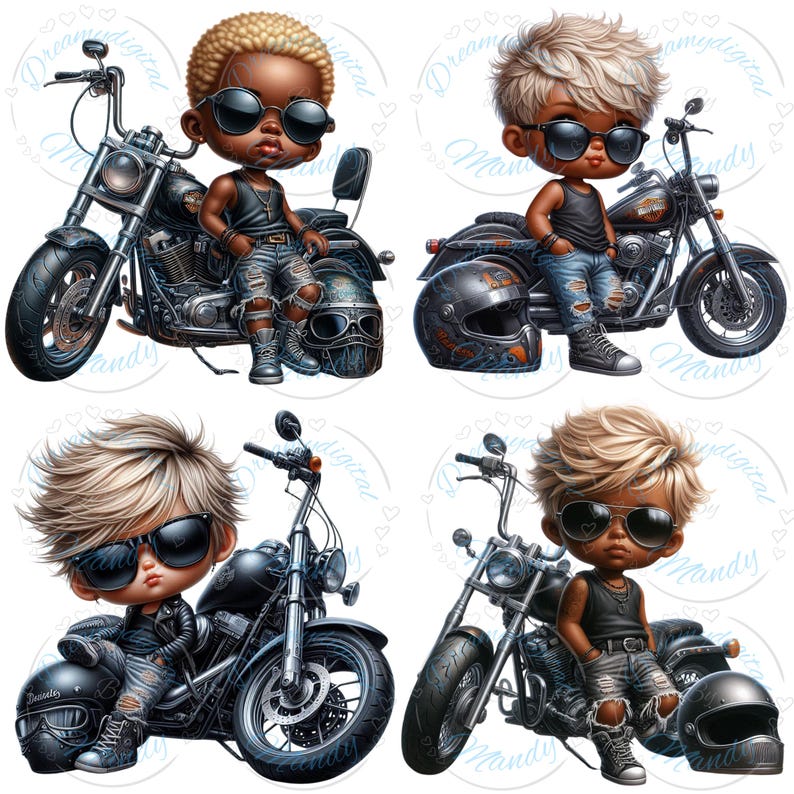 24 Biker Boy in Black Clipart, Whimsical Chibi Style Afro American ...