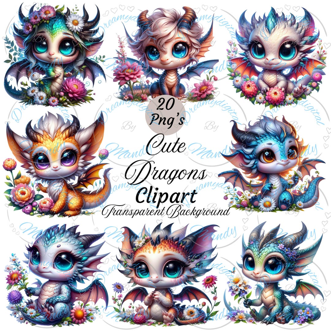 20 Cute Friendly Dragons Clipart in Flower Garden, Fantasy Dragon ...