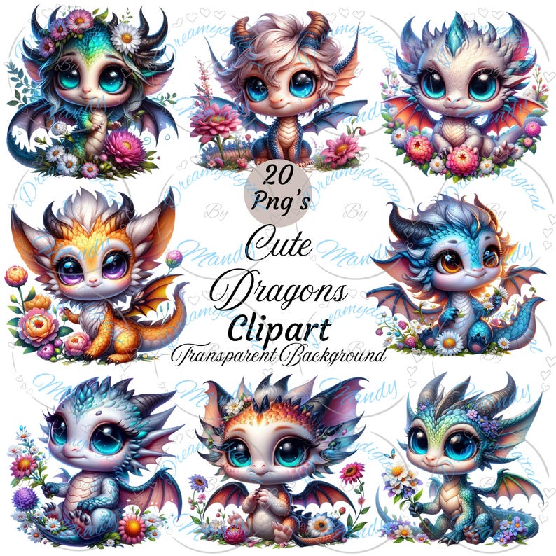 20 Cute Friendly Dragons Clipart in Flower Garden, Fantasy Dragon ...