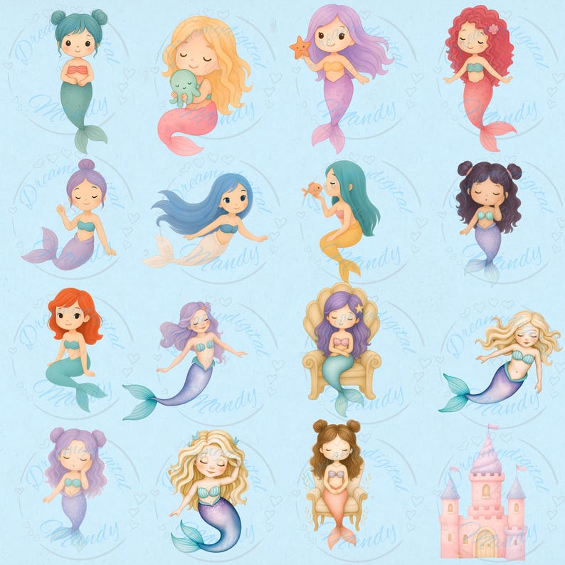 Cute Watercolour Mermaid & Friends Clipart, Under the Sea Png, Pastel ...