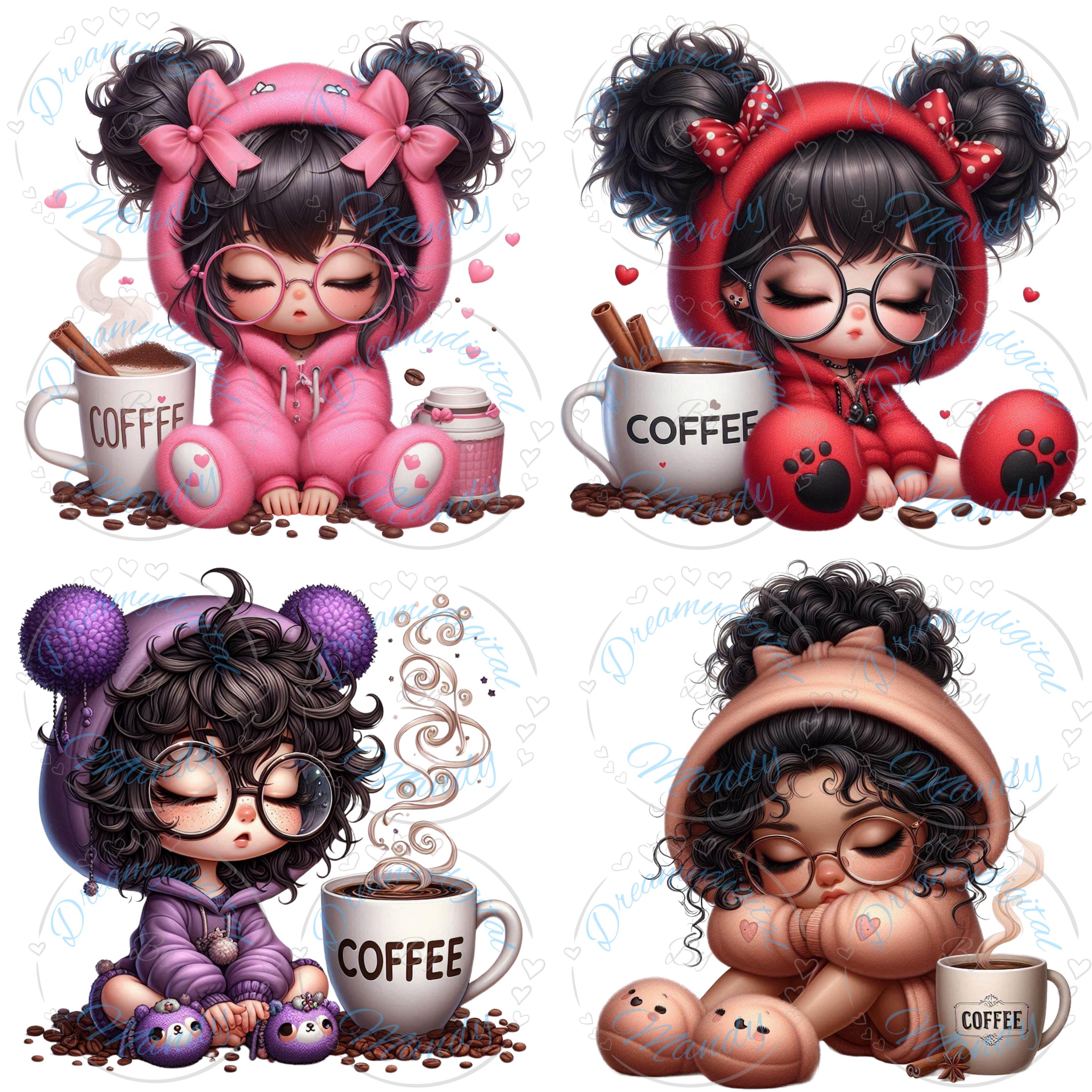 20 Sleepy Coffee Girl Clipart | Coffee Lover PNG Files | Digital Coffee ...