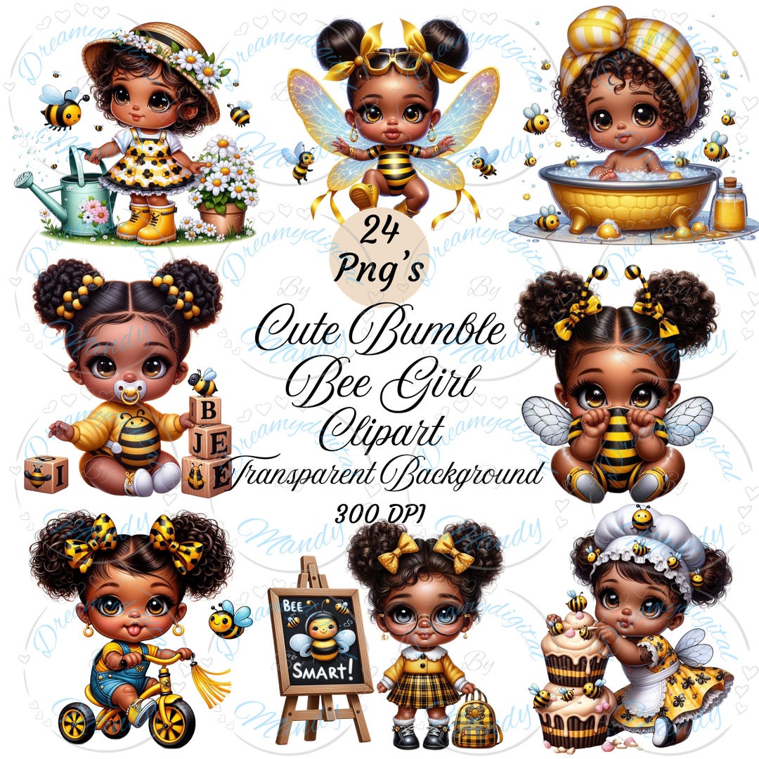 24 Cute Afro American Bumble Bee Girls Clipart PNG Files Instant ...