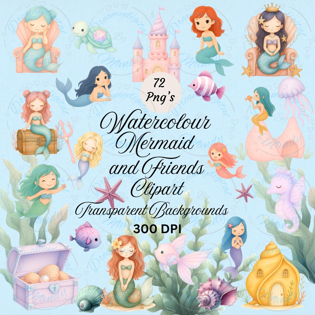 Cute Watercolour Mermaid & Friends Clipart, Under the Sea Png, Pastel ...