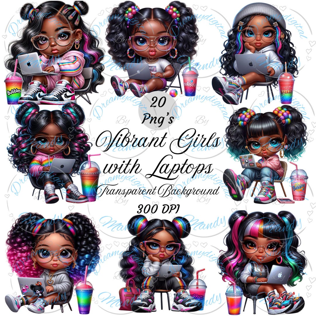 20 Chibi Girl With Vibrant Hair Clipart Bundle, Laptops & Drink Vibrant ...