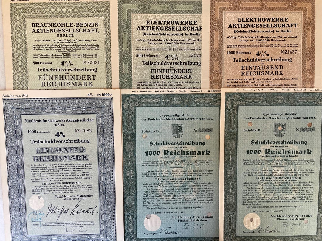 Germany 1930 1937 1938 1941 Stocks & Bonds 1000 Reichsmark Lot 6 - Etsy