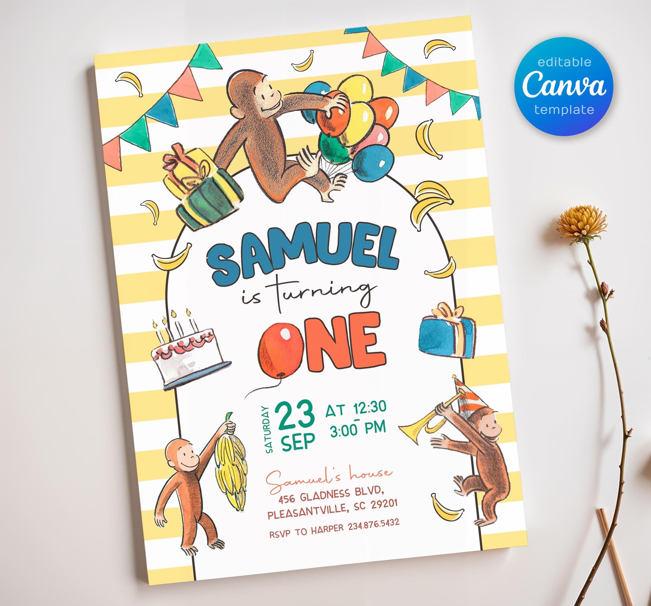 Curious George Birthday Invitation, Printable Monkey Invite, Ape Invite ...