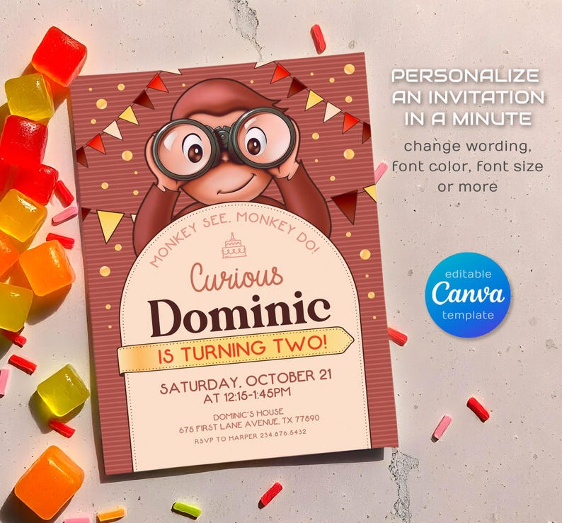 Curious George Birthday Invitation, Printable Monkey Invite, Ape Invite ...