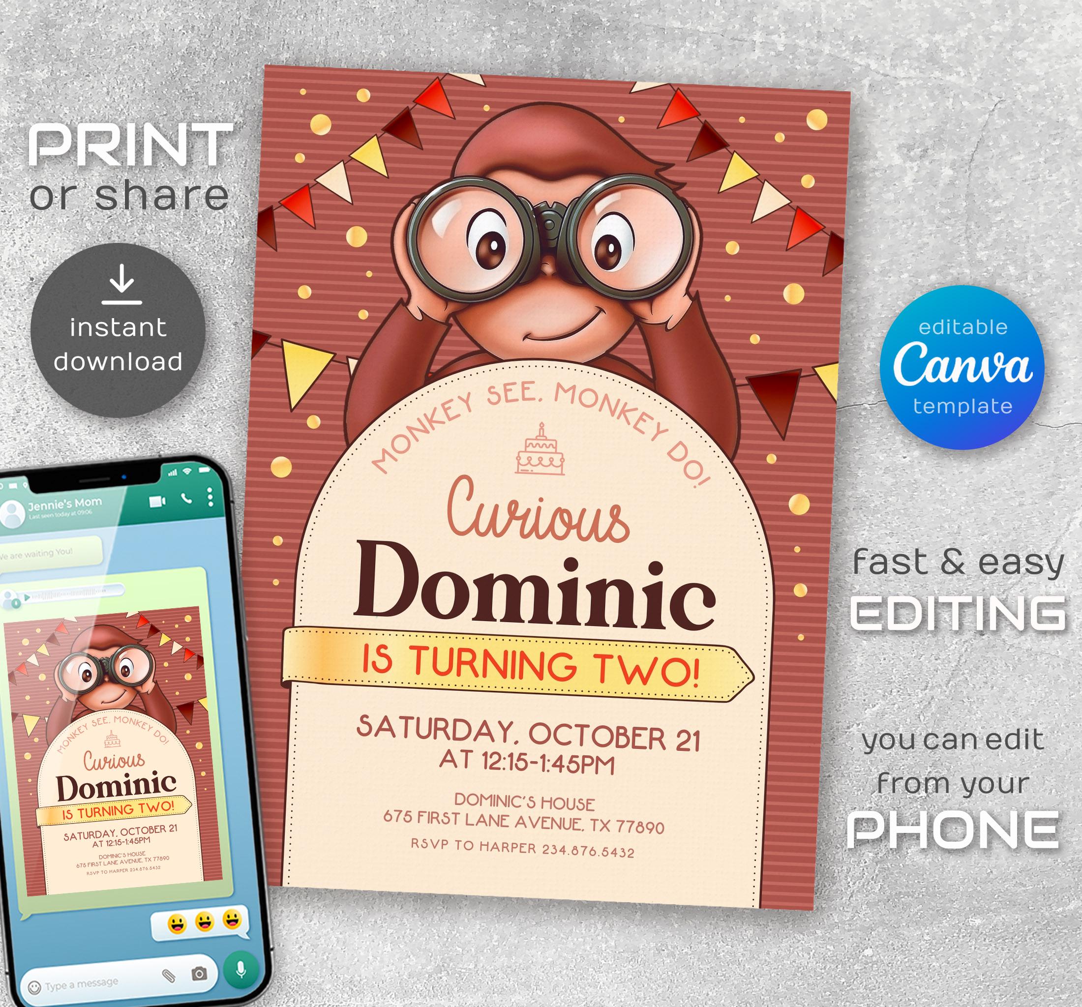 Curious George Birthday Invitation, Printable Monkey Invite, Ape Invite ...