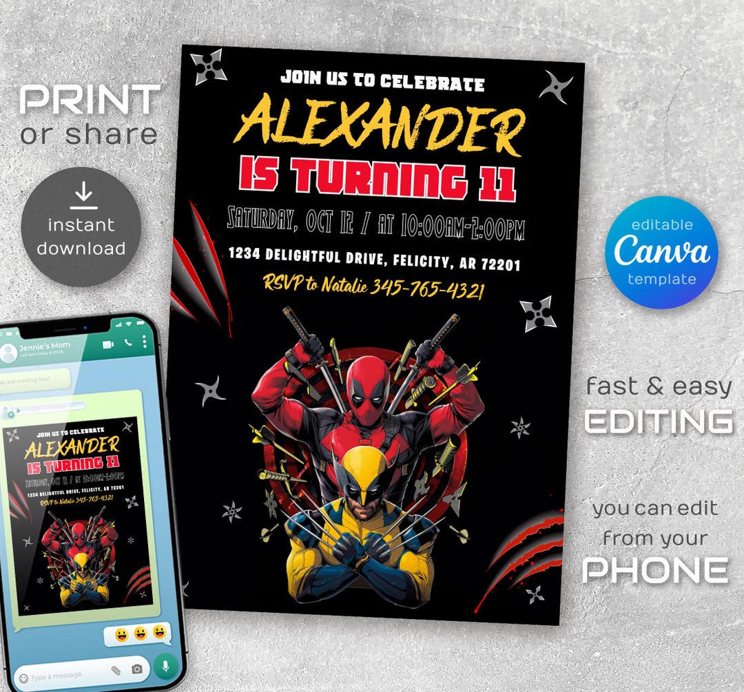 Editable Deadpool and Wolverine Birthday Invitation, Wolverine Deadpool ...