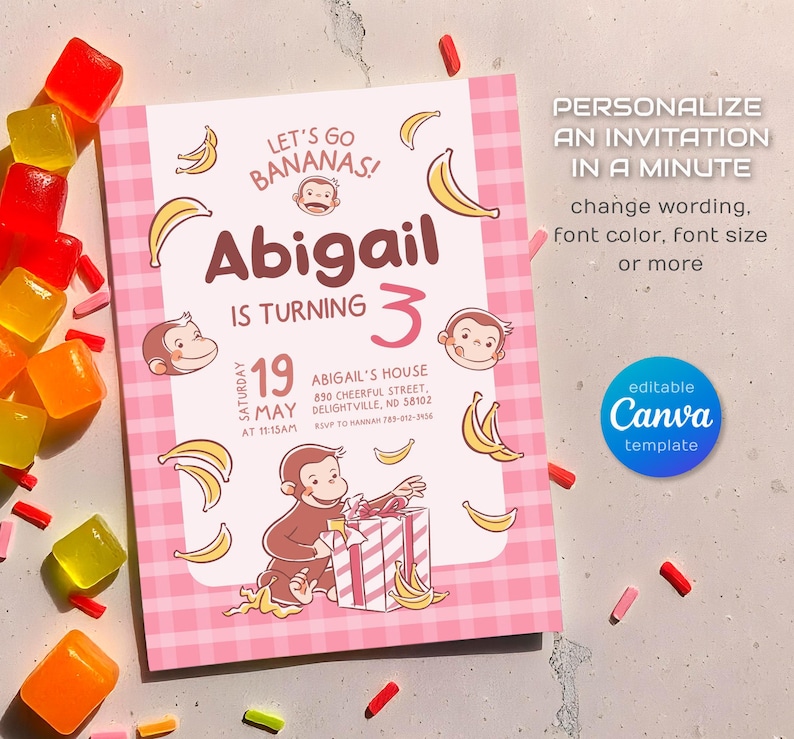 Curious George Birthday Invitation, Printable Monkey Invite, Ape Invite ...