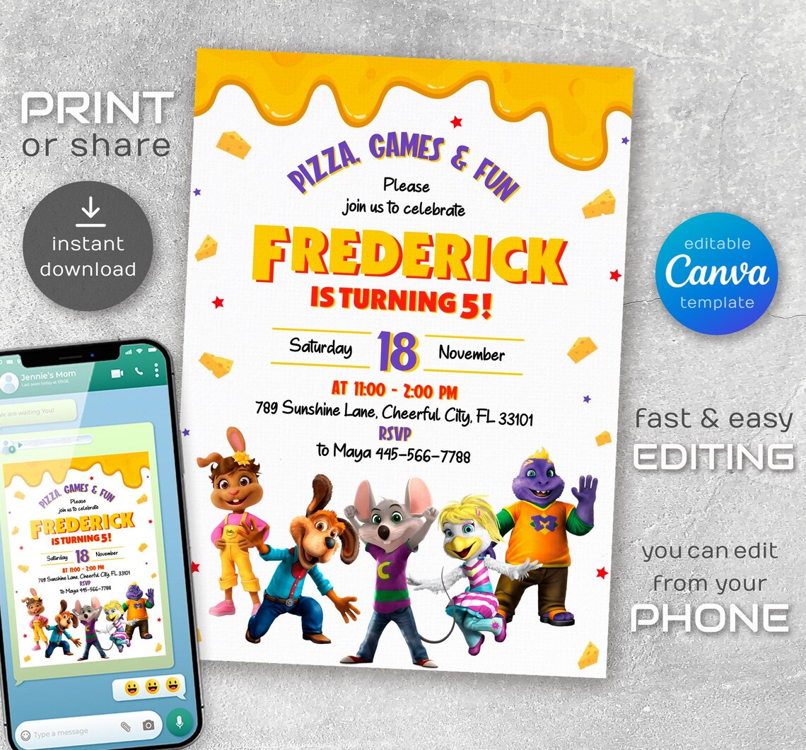 Chuck-e-cheese Editable Invitation, Printable Birthday Invite, Mouse ...
