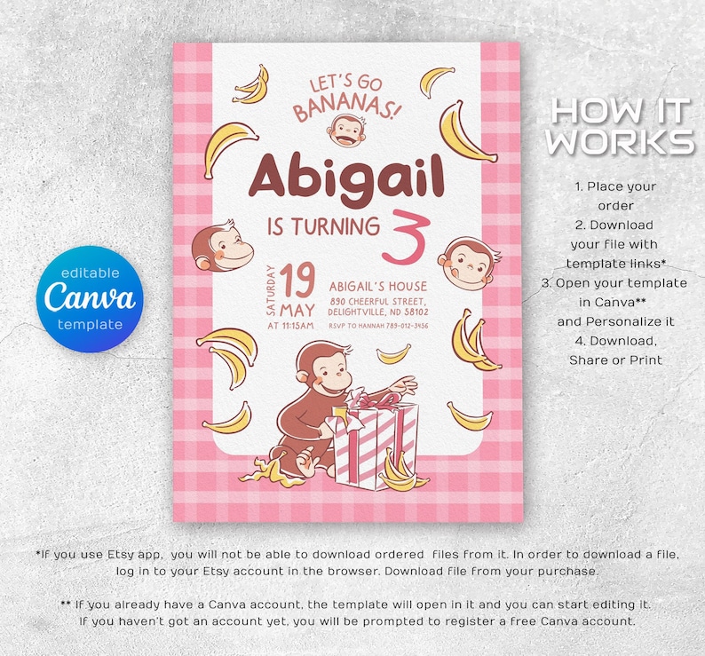 Curious George Birthday Invitation, Printable Monkey Invite, Ape Invite ...