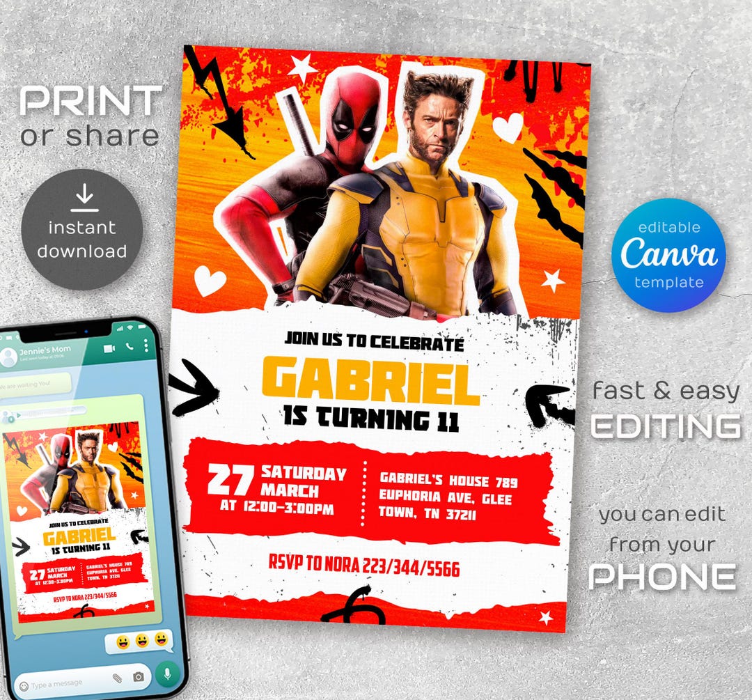 Editable Deadpool and Wolverine Birthday Invitation, Wolverine Deadpool ...