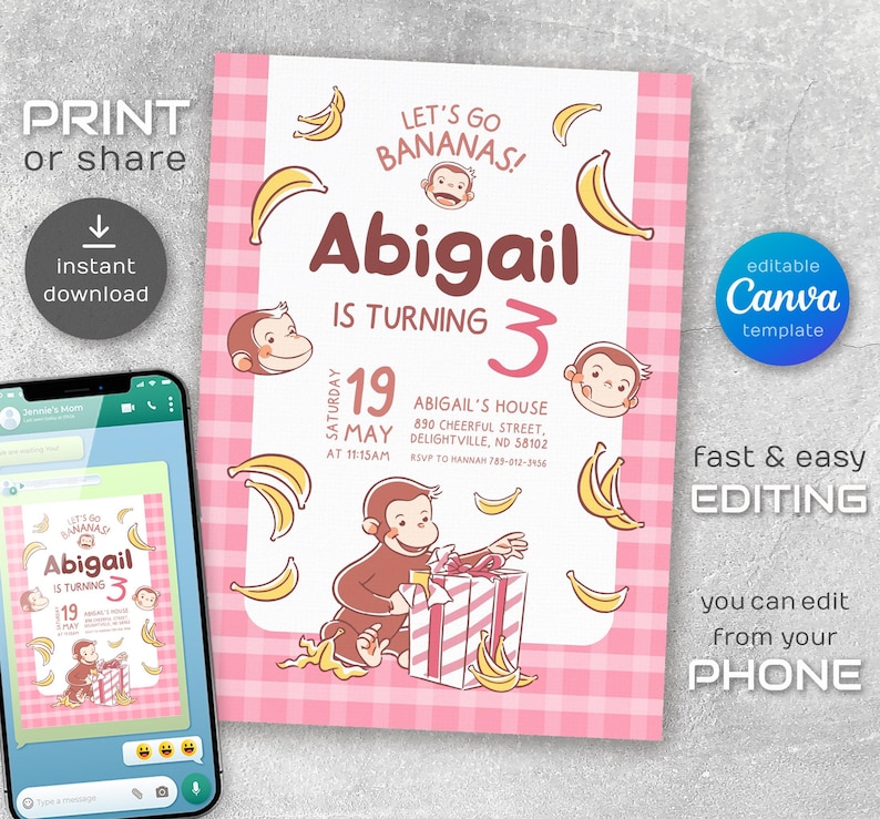 Curious George Birthday Invitation, Printable Monkey Invite, Ape Invite ...