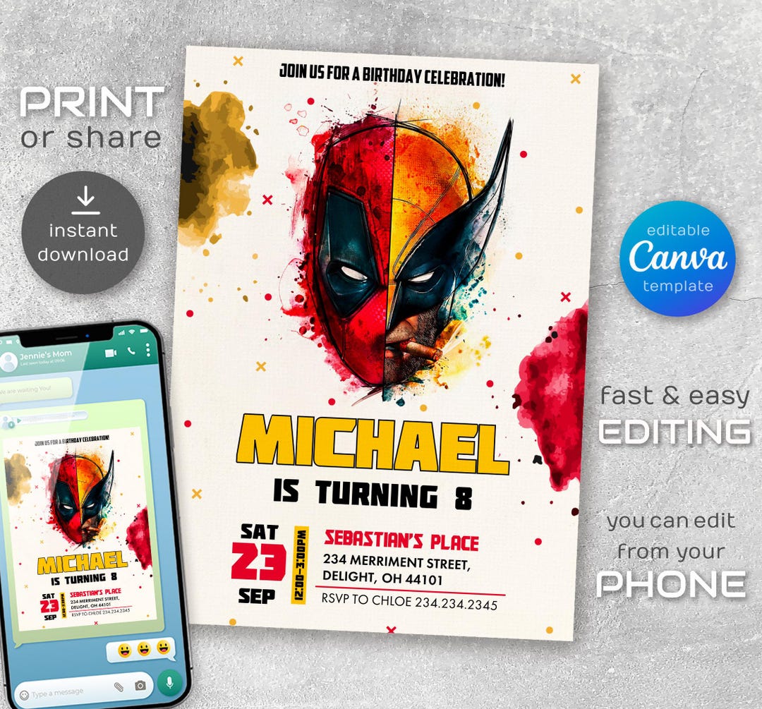 Editable Deadpool and Wolverine Birthday Invitation, Wolverine Deadpool ...