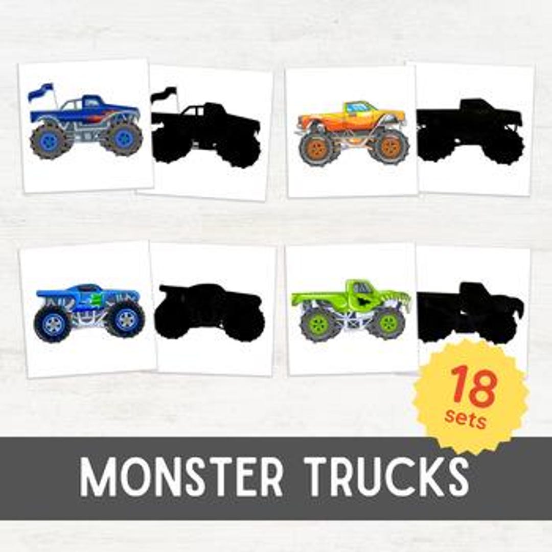18 MONSTER TRUCKS Shadow Matching Game | Silhouette Visual Montessori ...