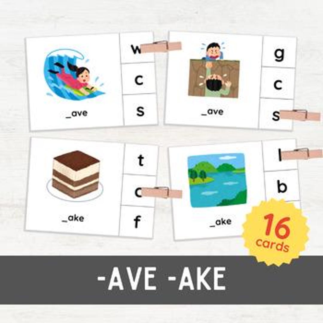 16 AKE AVE Word Family Clip Cards | Long Vowel Phonics Beginning ...