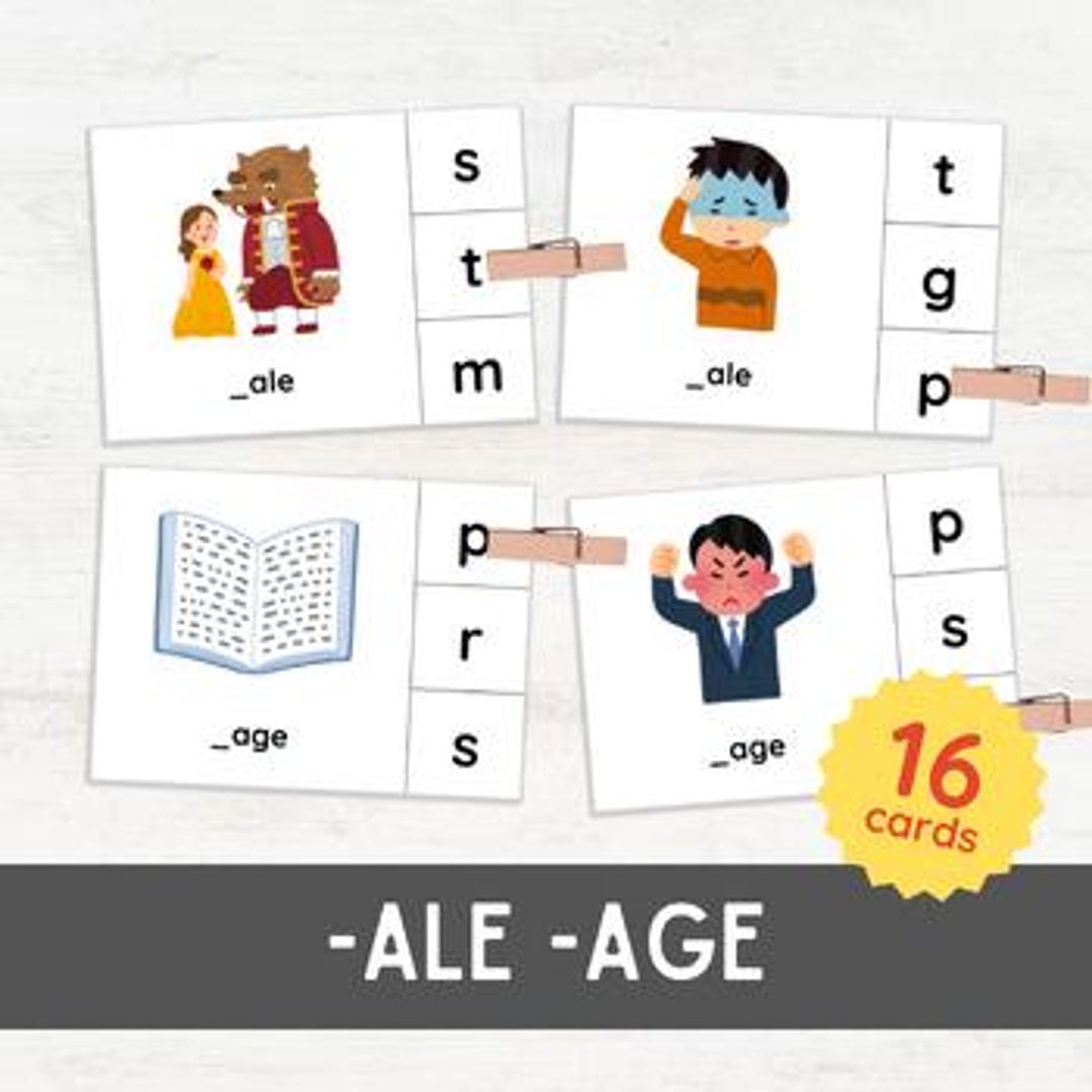 16 ALE AGE Word Family Clip Cards | Long Vowel Phonics Beginning ...