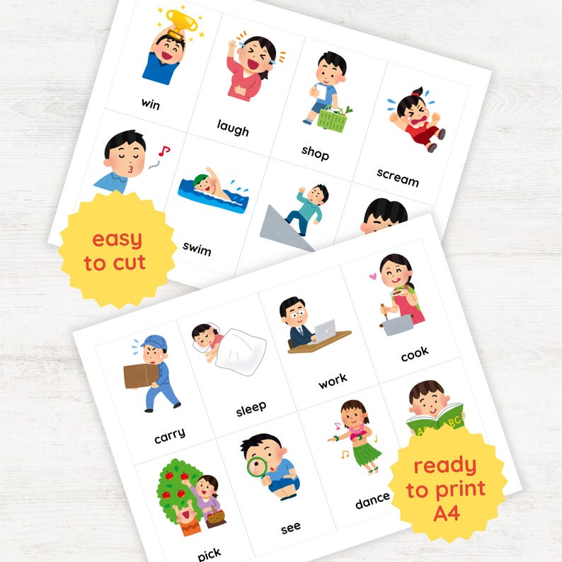 80 ACTION VERBS Flash Cards | 3-part Picture Matching Speech Therapy ...