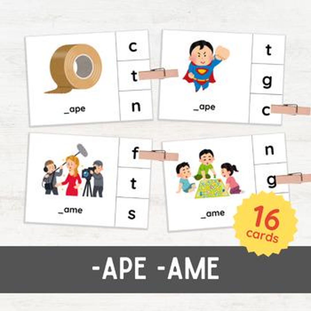 16 APE AME Word Family Clip Cards | Long Vowel Phonics Beginning ...