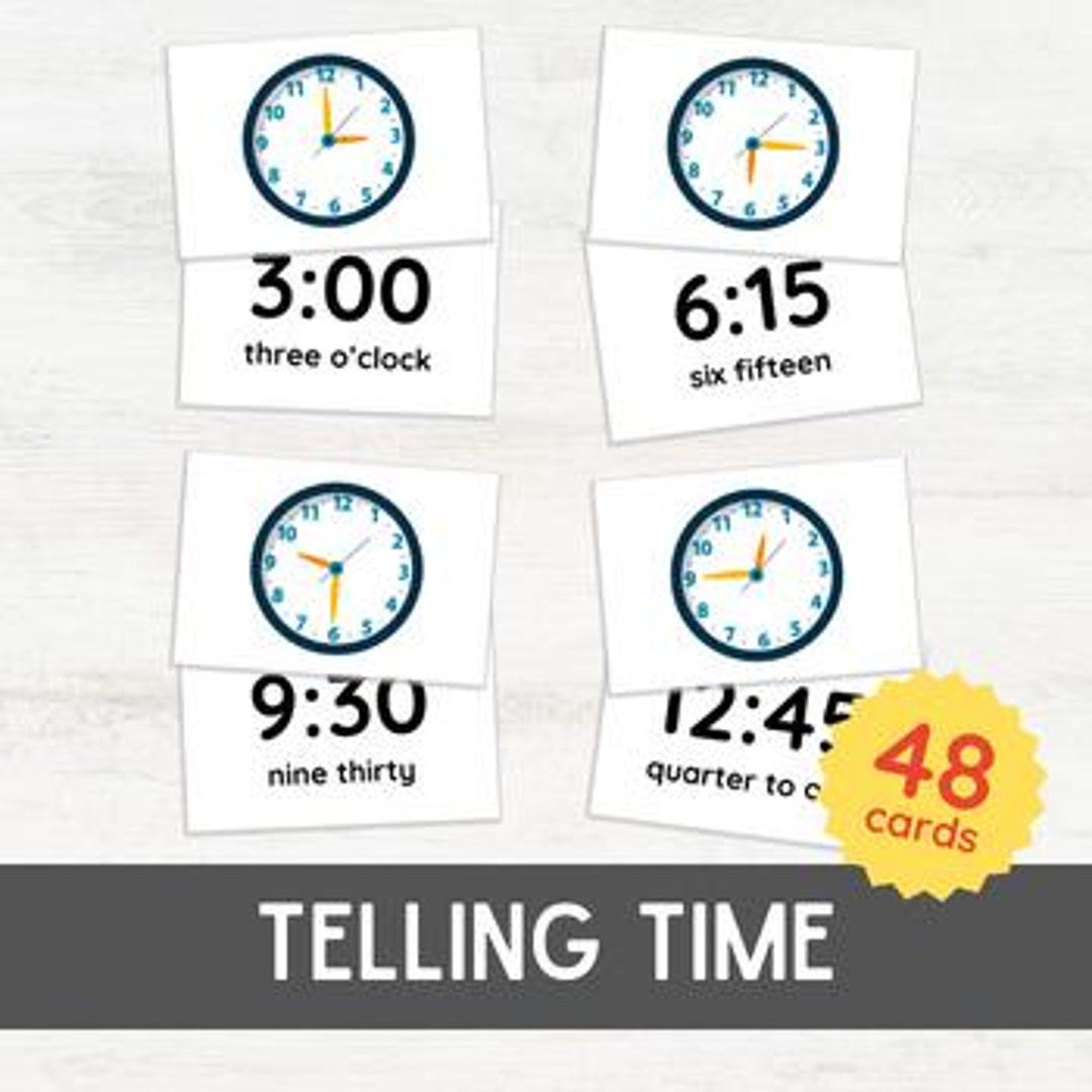 48 TELLING TIME Flash Cards | Preschool Matching Activity Quarter ...