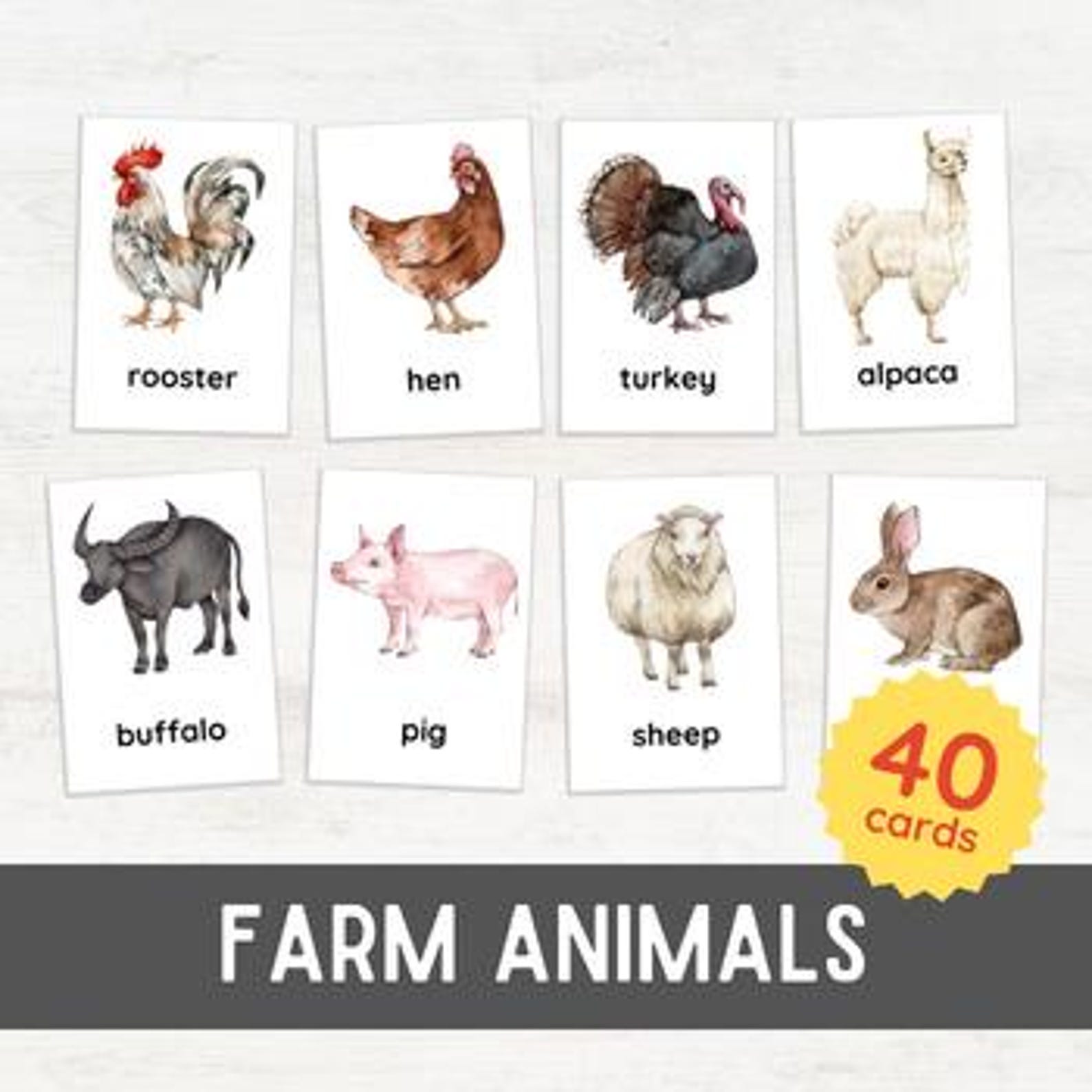 40 FARM ANIMALS Flash Cards | Livestock Rural Life Homeschool 3 Part ...