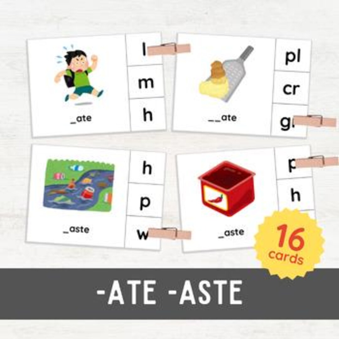 16 ATE ASTE Word Family Clip Cards | Long Vowel Phonics Beginning ...