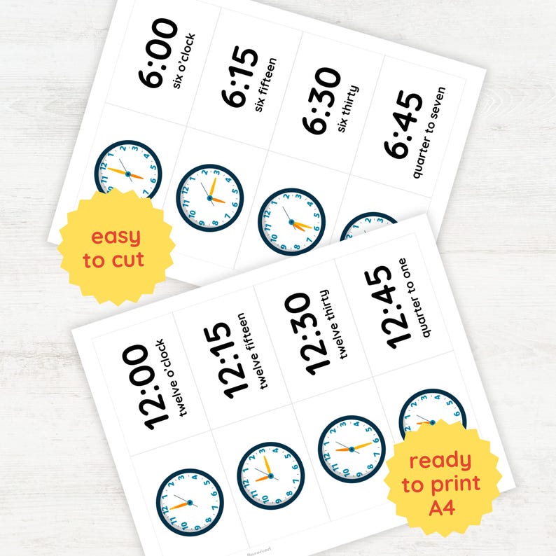 48 TELLING TIME Flash Cards | Preschool Matching Activity Quarter ...