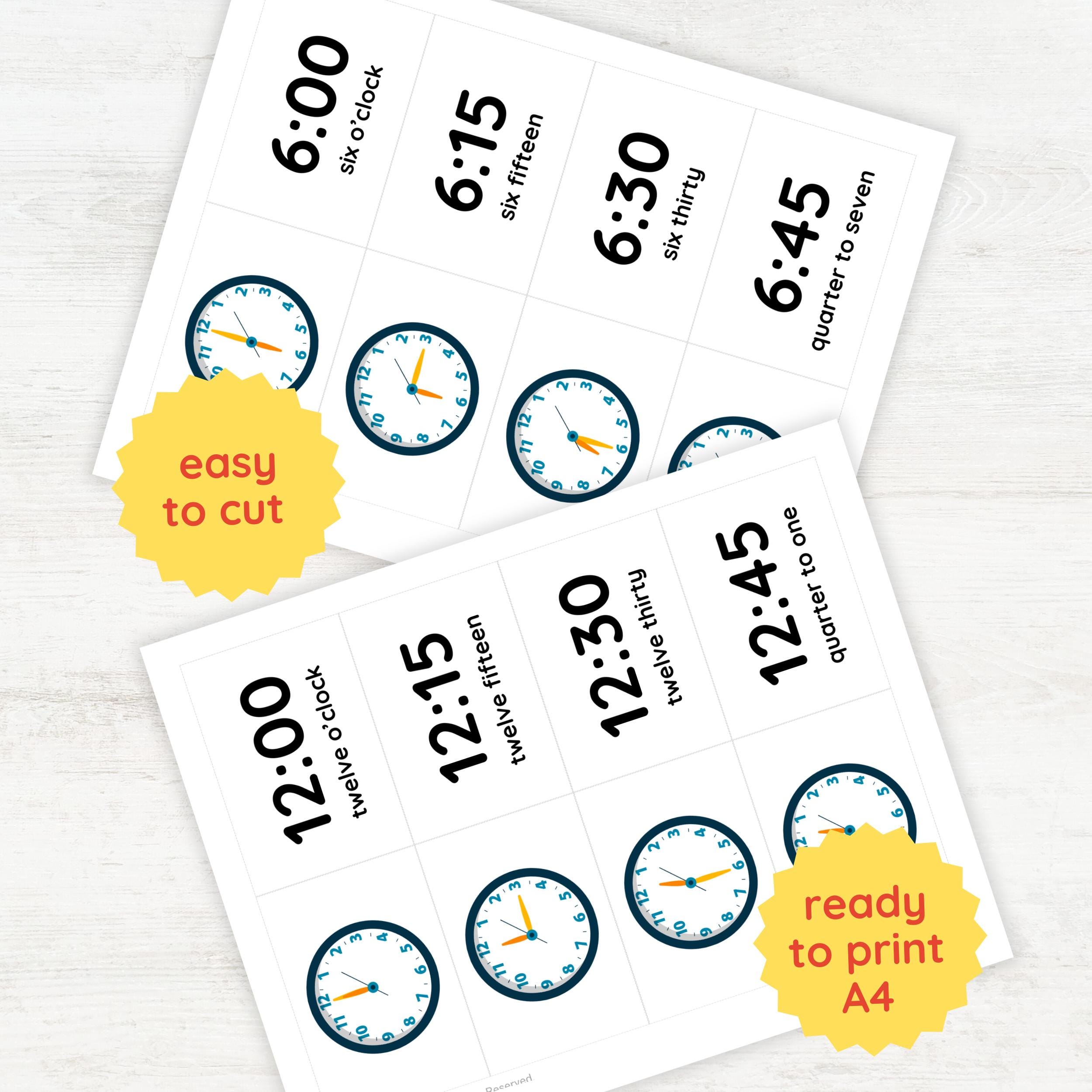 48 TELLING TIME Flash Cards | Preschool Matching Activity Quarter ...