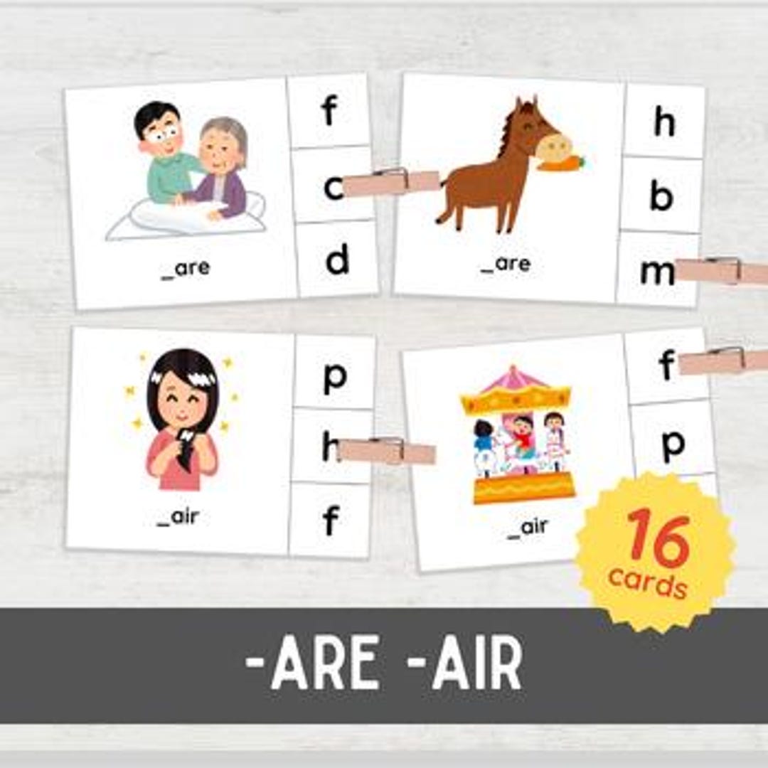 16 ARE AIR Word Family Clip Cards | Long Vowel Phonics Beginning ...