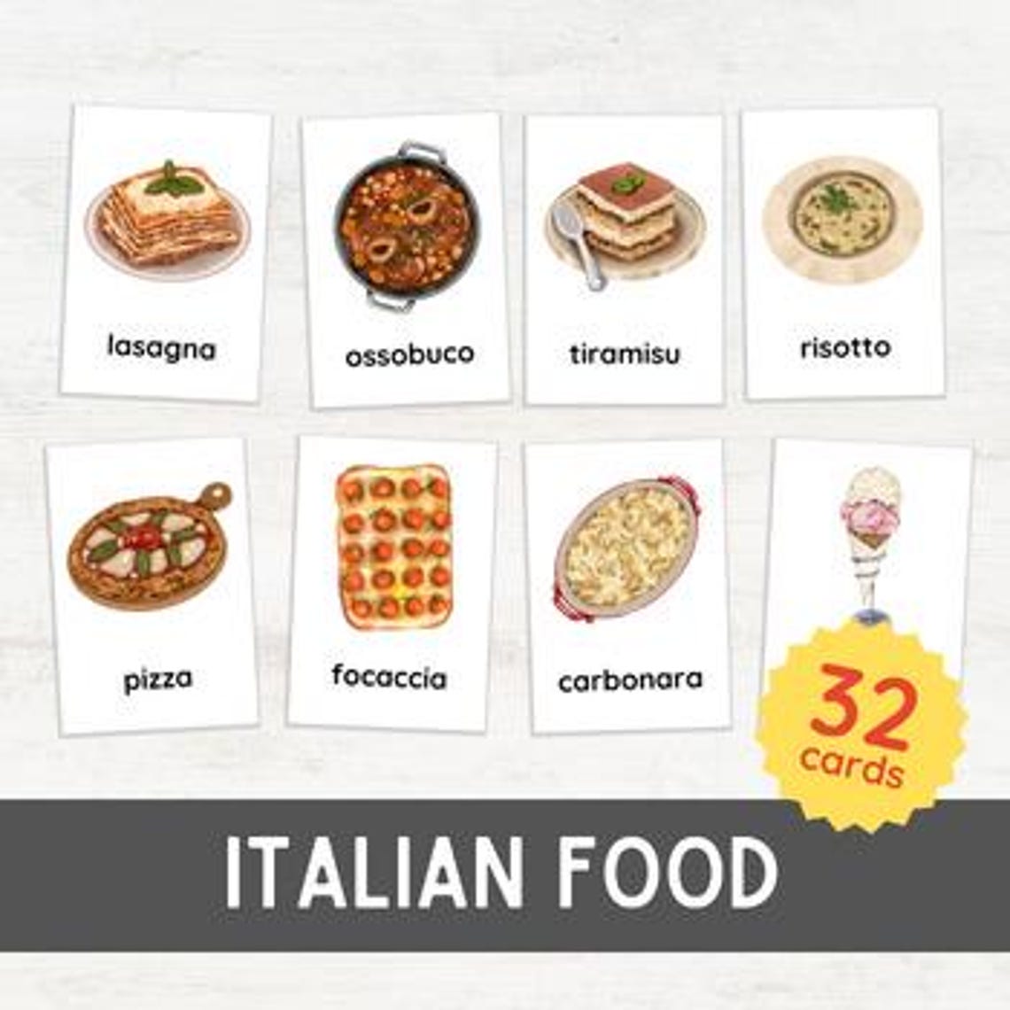 32 ITALIAN FOOD Flash Cards | Gastronomy Culinary Traditional Local ...