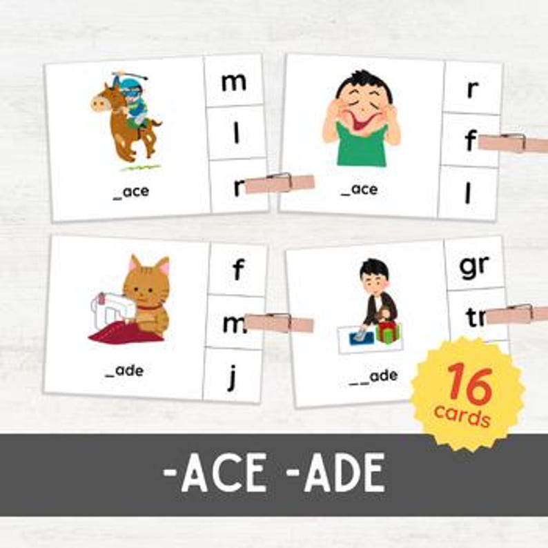 16 ACE ADE Word Family Clip Cards | Long Vowel Phonics Beginning ...