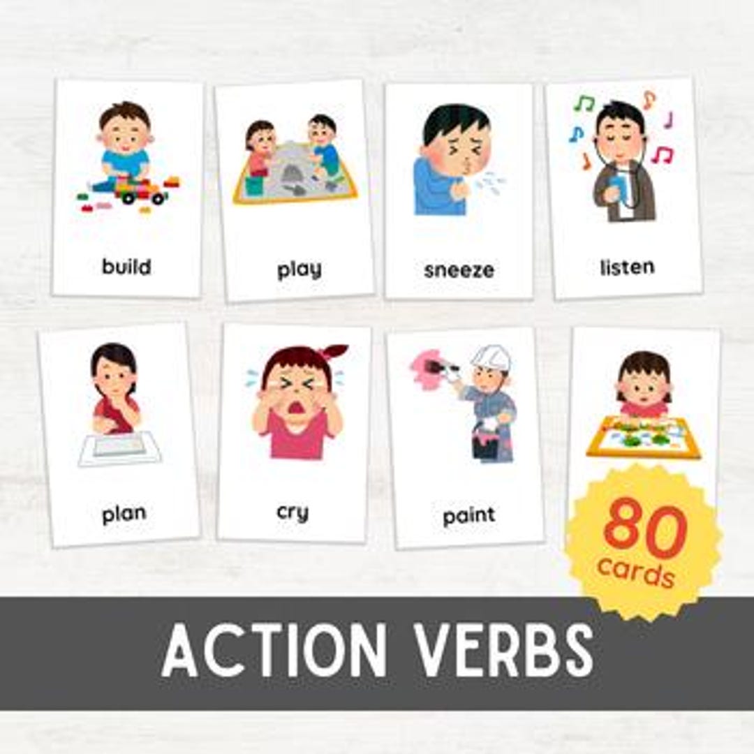 80 ACTION VERBS Flash Cards | 3-part Picture Matching Speech Therapy ...