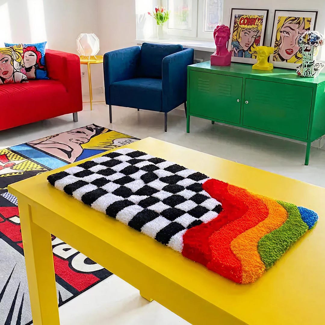 Handmade Tufted Rug – Wavy Rainbow & Checkered Pattern | Modern Wall ...