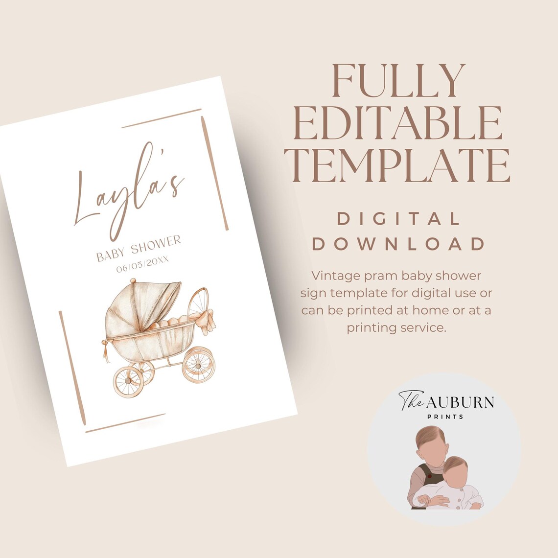 Vintage Pram Baby Shower Sign, Welcome Poster, Editable Template for ...