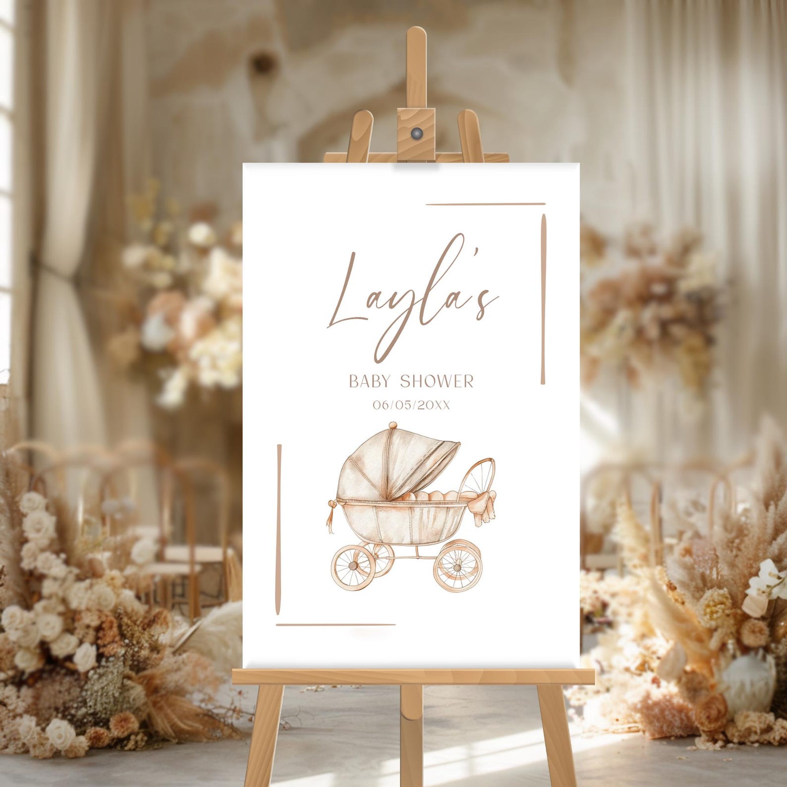 Vintage Pram Baby Shower Sign, Welcome Poster, Editable Template for ...
