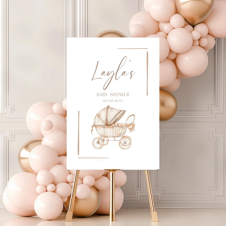 Vintage Pram Baby Shower Sign, Welcome Poster, Editable Template for ...