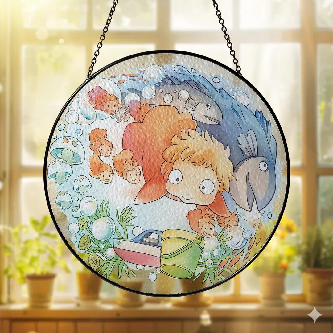 Ponyo Stained Glass Sun Catcher – Ponyo and Friends Underwater Scene ...