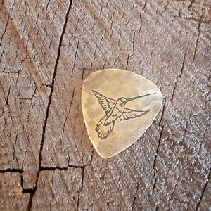 Brass Guitar Pick With Hummingbird - Playable - Hammered Texture on the ...