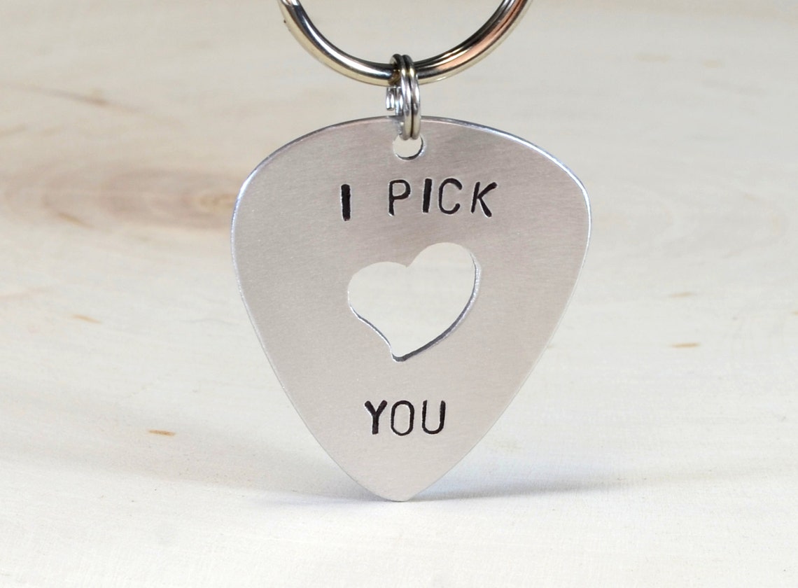 Guitar Pick Key Chain I Pick You With Heart Cut Out in Aluminum or 925 ...