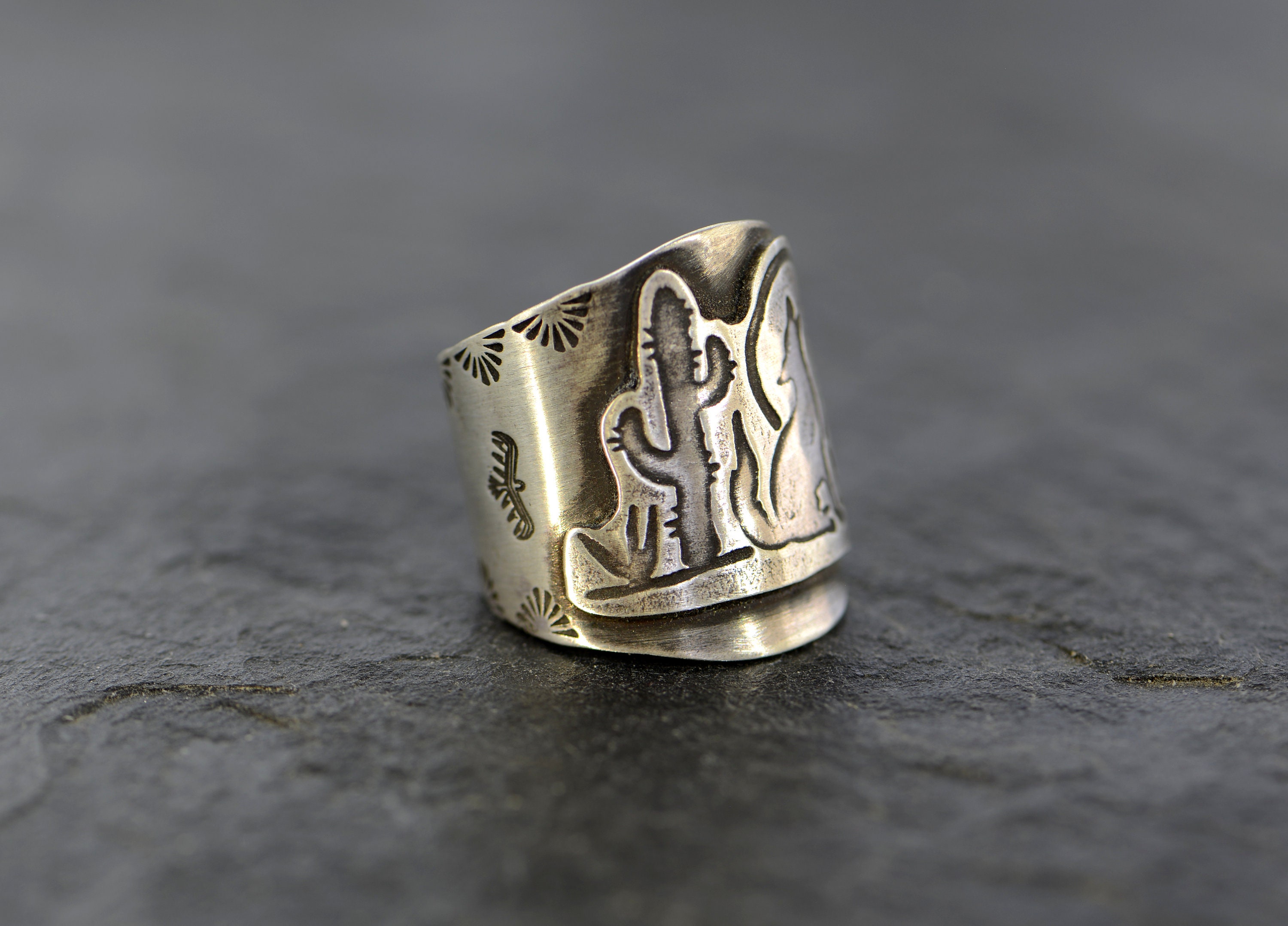 Sterling Silver Mens Cigar Band Ring With Coyote , Moon and Cactus ...