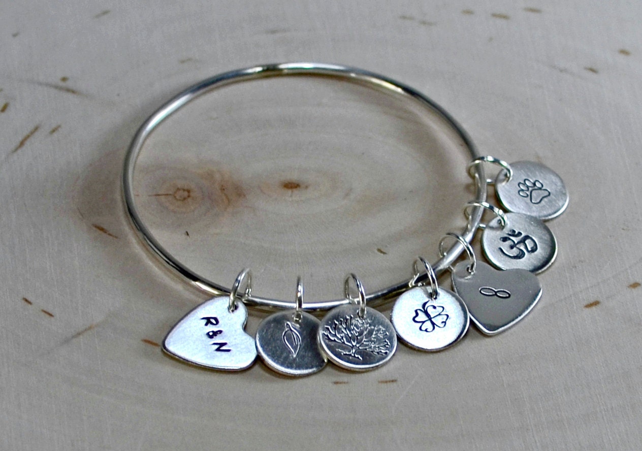 Personalized Silver Bangle With Custom Stamped Charms Solid - Etsy