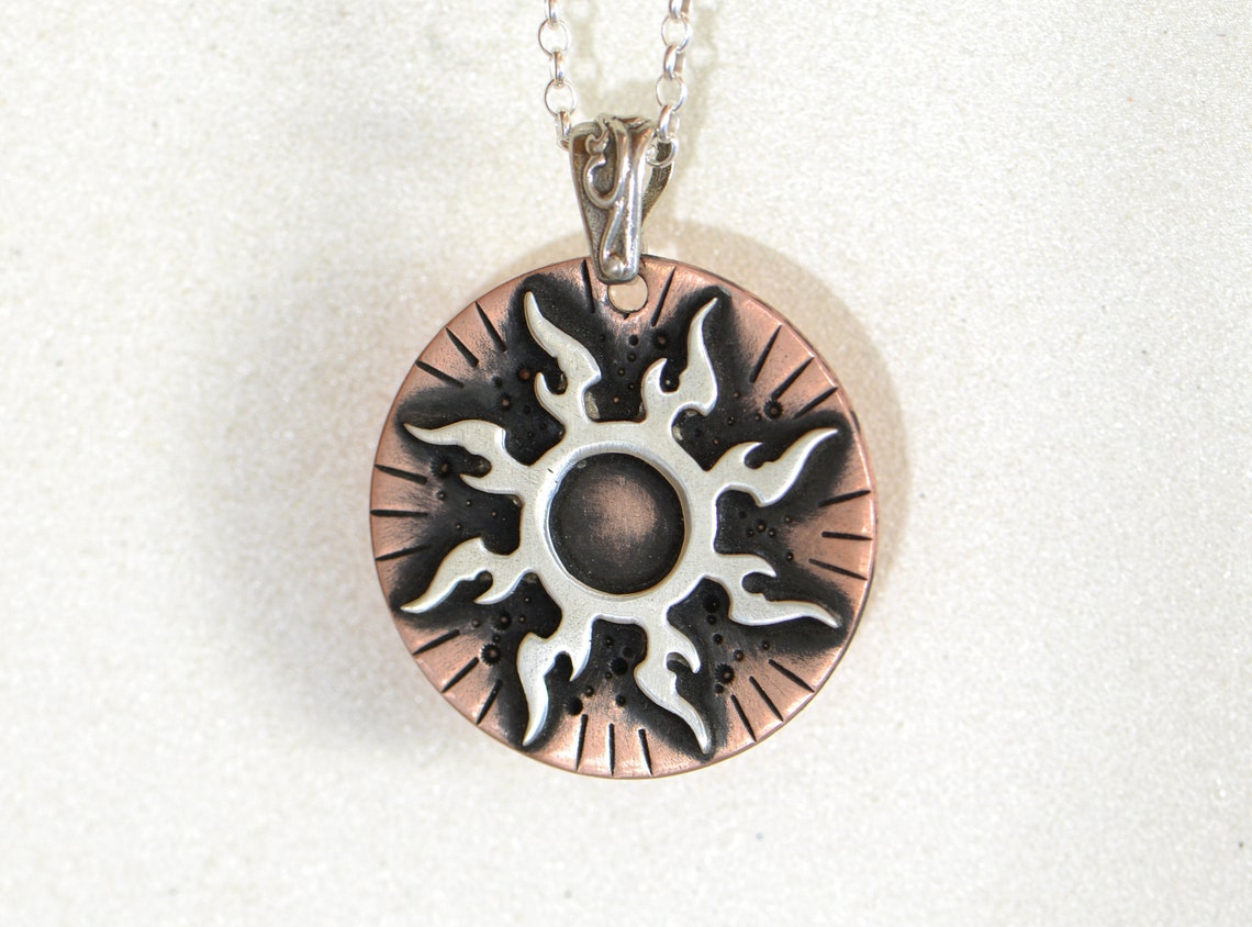 Flaming Sterling Silver Sun on Copper Medallion Mixed Metal Necklace - Etsy