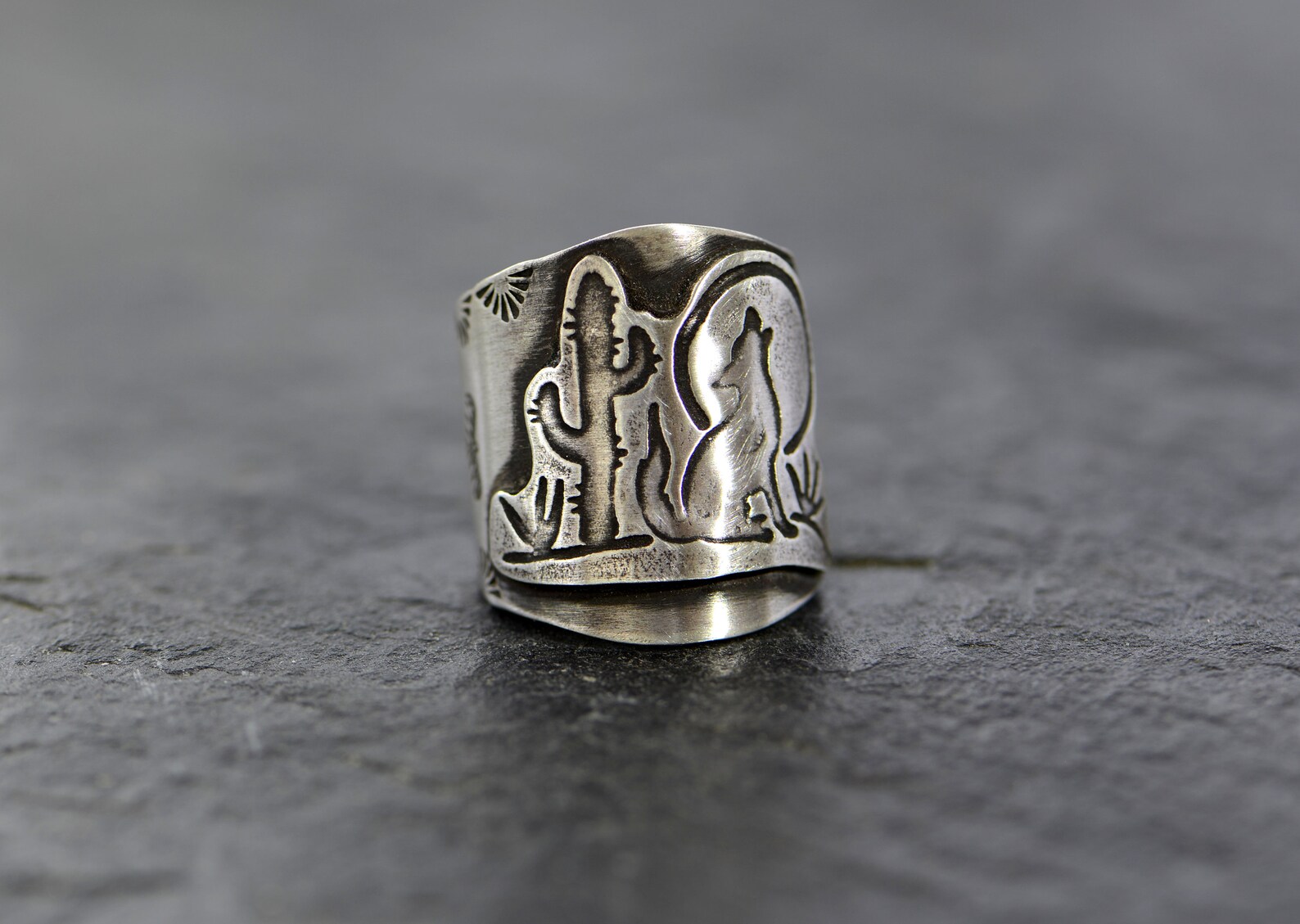 Sterling Silver Mens Cigar Band Ring With Coyote , Moon and Cactus ...