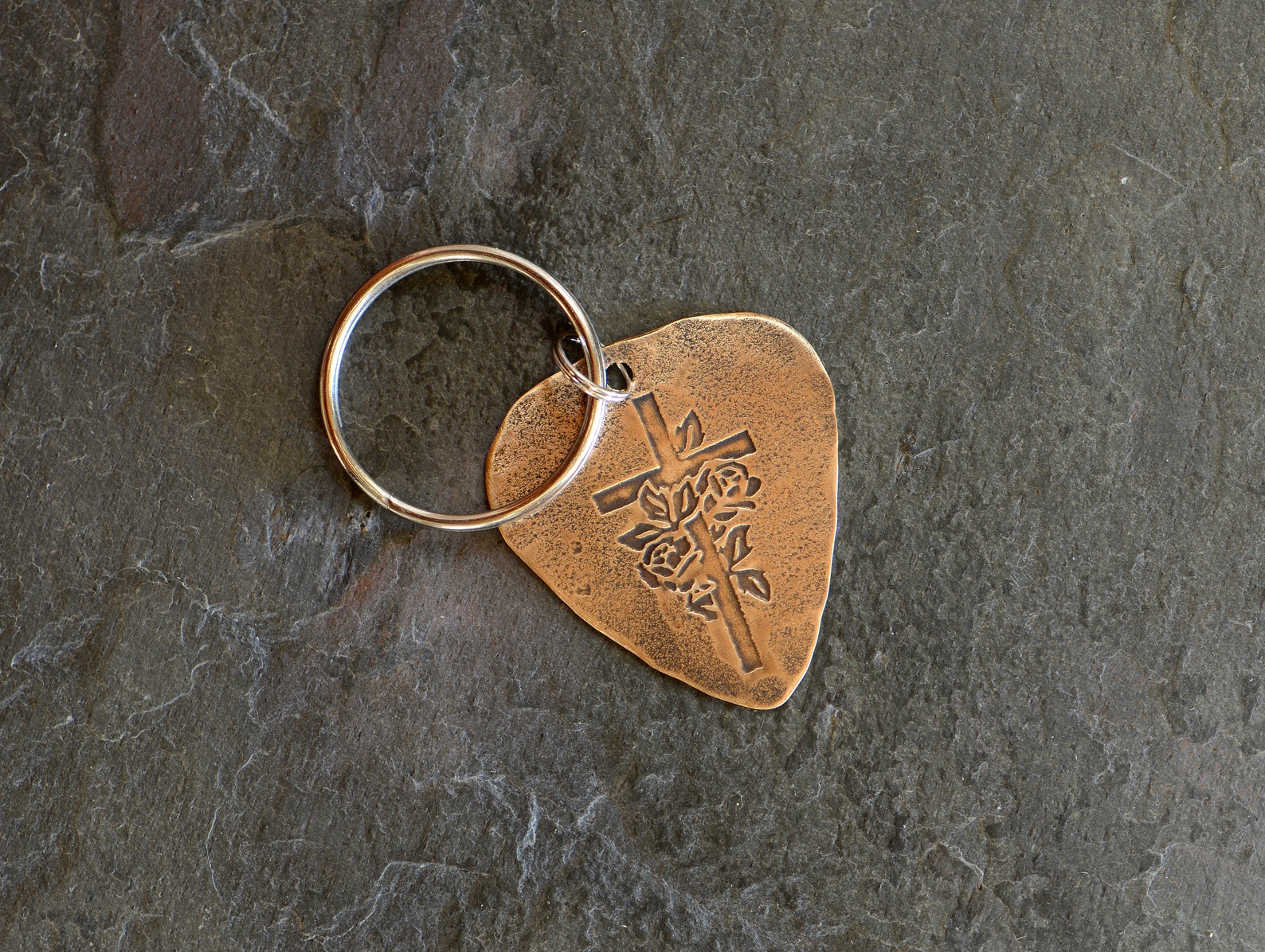 Bronze Guitar Pick Keyring With Cross and Roses - Playable Guitar Pick ...